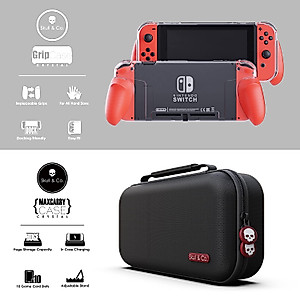 Skull & Co. GripCase Crystal Bundle: A Dockable Transparent Protective Cover Case with Replaceable Grips [to fit All Hands Sizes] for Nintendo Switch -Double Neon Red