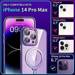 niufoey Magnetic Kickstand Case for iPhone 14 Pro Max,[Compatible with MagSafe] [Silicone Bumber & Hard Back] [Glitzy Camera Frames] Cute Slim Kickstand Cover 6.7 inch for Women Men-Purple