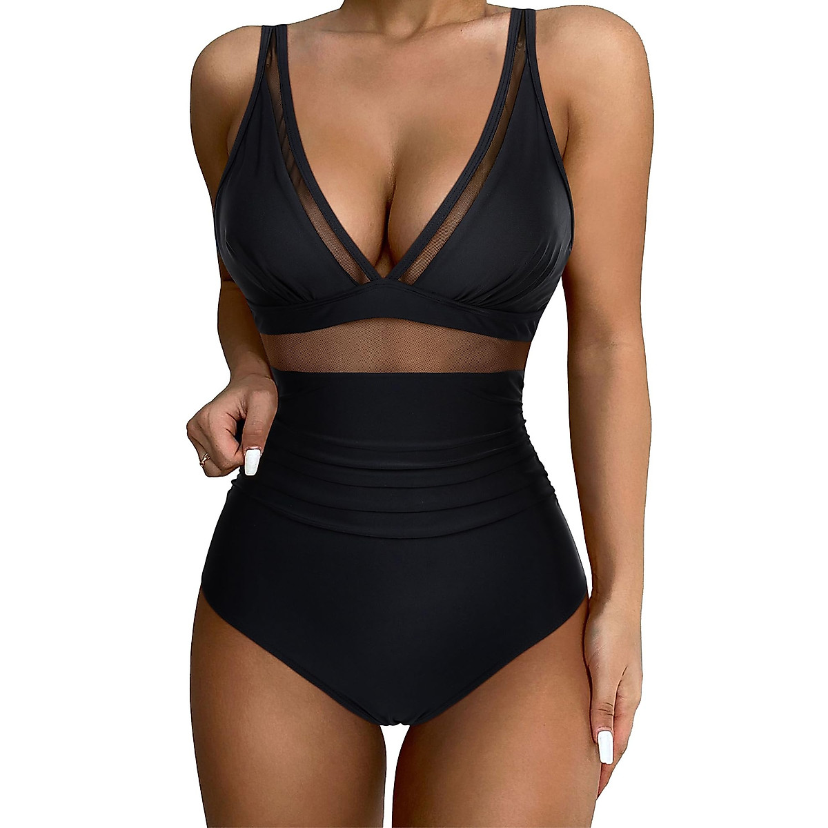 SUUKSESS Women Slimming Tummy Control One Piece Swimsuits Sexy Mesh High Waisted Monokini Bathing Suits (Black, L)