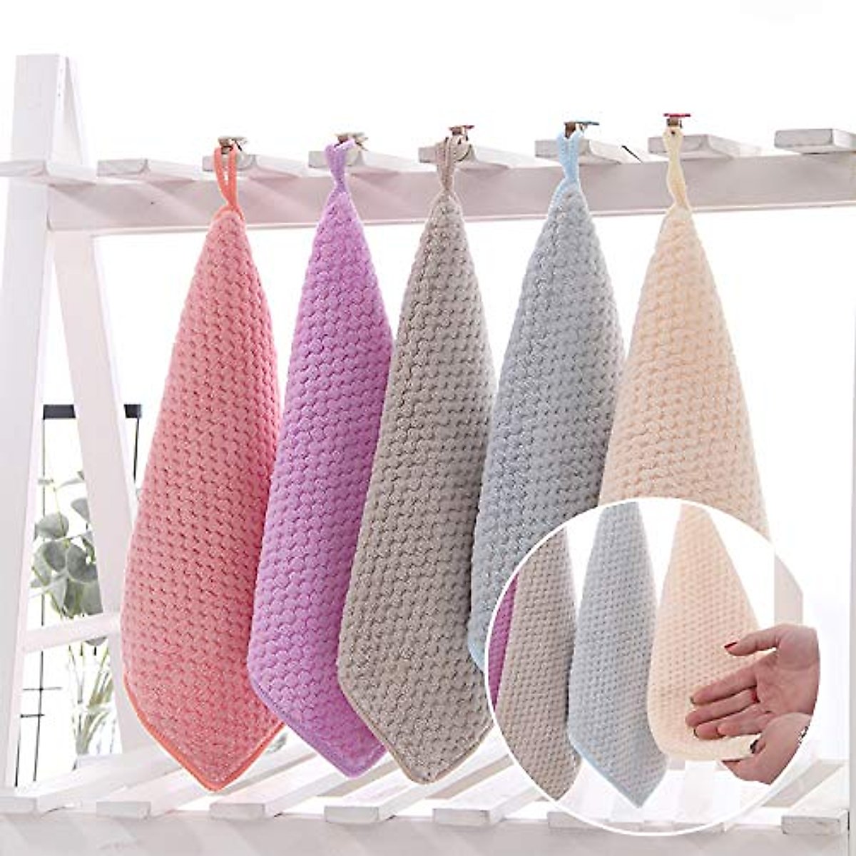Onlup Hanging Hand Towels，Hand Dry Towels for Kitchen & Bathroom, Super Absorbent Soft Small Hanging Towel Set with Hanging Loop, Machine Washable Towel Fast Drying, Set of 5