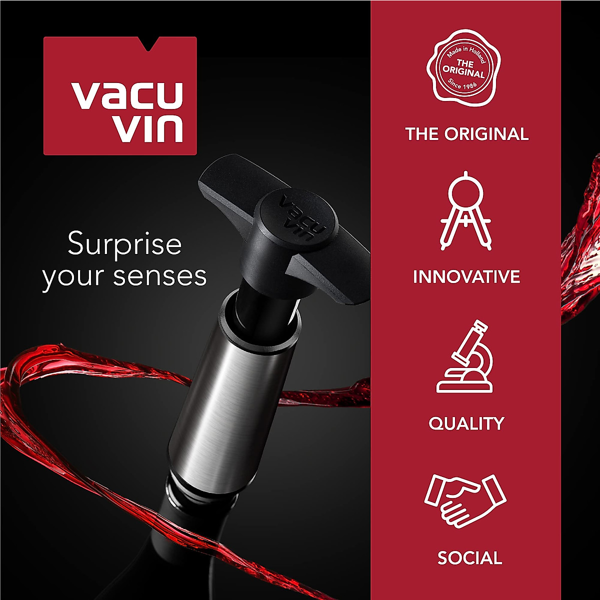 The Original Vacu Vin Wine Saver Pump and Wine Preserver with Vacu Vin Wine Stoppers Vacuum Sealers. Wine Pump and Wine Vacuum Stoppers are Black. Wine Bottle Keeper Set Keeps Wine Fresher for Longer.