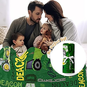 Personalized Tractors Blanket - Custom Name with Farm Tractor Trucks Design - Soft Plush Flannel Bed Blanket for Baby Kid Teen Boys Girls Customized Gifts Green