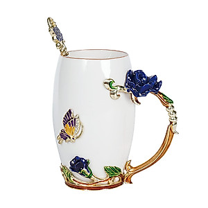 Fancy Tea Cup with Rose Flower Butterfly, Coffee Mugs for Women Ceramic with Spoon, Handmade and Unique Gifts for Women