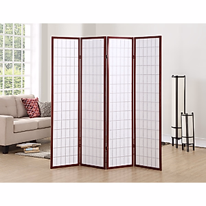 Roundhill Furniture Oriental Shoji 4 Panel Screen Room Divider, Cherry