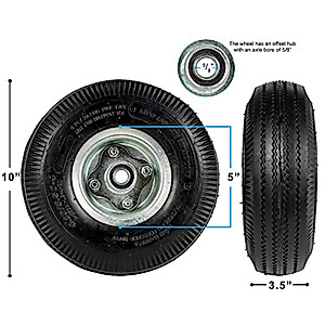 Vergo Pneumatic Wheels 2-Pack Heavy Duty Air Filled Dolly Replacement Wheels - Threaded Tires, Hand Truck Wheels 10" x 3.5” with 5/8" Axle Bore Hole, Offset Hub
