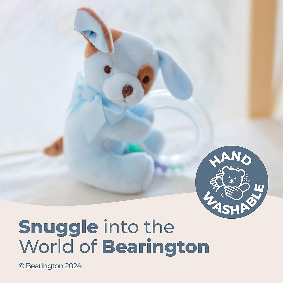 Bearington Baby Waggles Plush Stuffed Animal Blue Puppy Dog Shaker Toy Ring Rattle, 5"