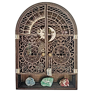 Sun and Moon Shelf Crystal Display Case - Wall Hanging Crystal Display Shelf for Stones, Nail Polish, & Essential Oil Storage - Crystal Holder for Stones Display - Crystal Shelf Crystal Cabinet