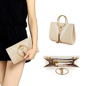 JURLEA Women Evening Bag Tassels Clutch Bag Glitter Clutch Purse Wedding Party Straw Clutch with Chain (White - Straw)