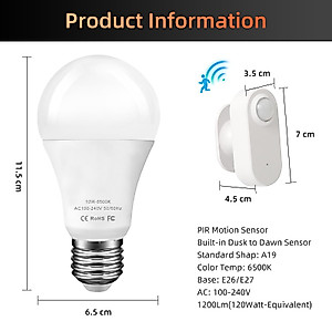Motion Sensor Light Bulbs for Outdoor/Indoor, 10W Motion Detector LED Bulb, 120W Equivalent, A19 E26 6500K Daylight, Auto Activated Dusk to Dawn Security Lights for Basement Garage Stairs Patio