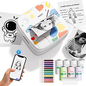 DOLEWA Mini Sticker Printer, Portable Thermal Inkless Sticker Maker with 8 Rolls Coloed Paper & 12 Pens, Wireless Thermarote Printers for Photos, Study Notes, Scrapbook, Journal, Memo (Doodle)