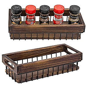 MyGift Country Rustic Burnt Wood Nesting Storage Basket with Black Metal Wire Frame, Decorative Organizer Crates Fruit Basket with Cutout Handles, Set of 2