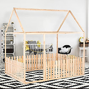 Full Size Single Floor Bed Frame Children's Room with Roof and Fence Wooden Natural Modern Contemporary Nature Wood Finish Handmade