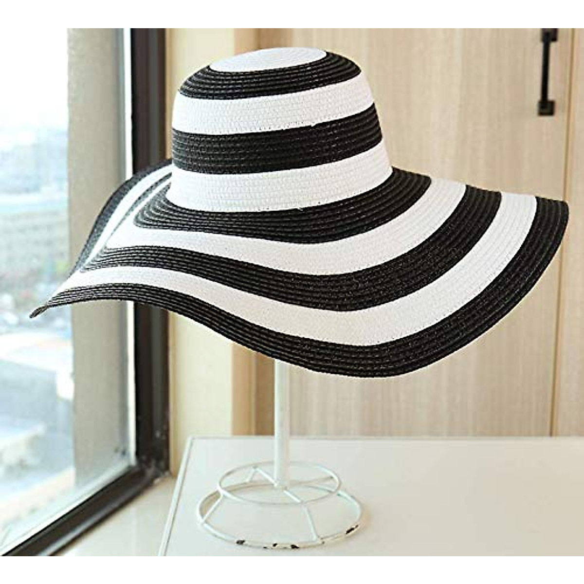 Women's Beachwear Sun Hat Black and White Striped Straw Hat Floppy Beach Hat Foldable Wide Brim Cap