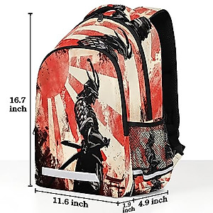 Japanese Samurai Backpack for Women Men Sun Pattern Laptop iPad Tablet Backpack Stylish Casual Daypack with Chest Strap Travel Hiking Camping Sports Daypack with Reflective Strip