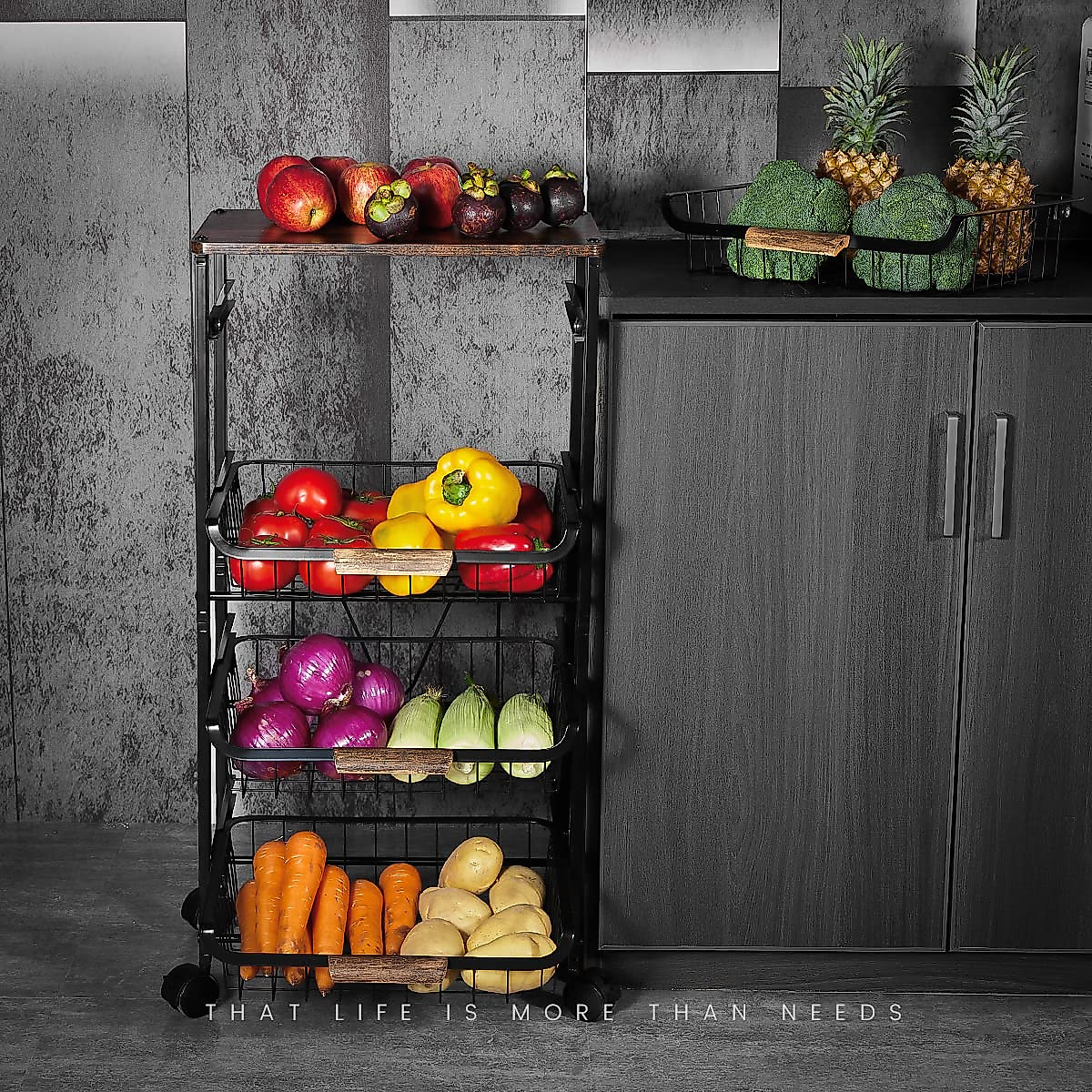 MAWEW Vegetable Kitchen Storage Basket,Potato Storage Basket,Vegetable Storage Cart with Universal Wheel,Rustic Farmhouse Vegetable Storage Basket, Kitchen Vegetable Storage Rack，snack shelf(5 Tier)