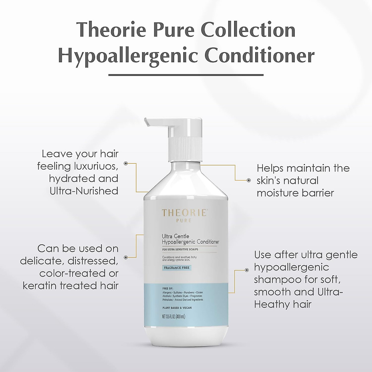 Theorie Pure Collection Hypoallergenic Conditioner-Plant & Vegan - Conditions, Soothe Itchy & Allergy Prone Skin - Fragrance-Free - Ultra Sensitive Scalp, Pump Bottle - 400mL - Pack of 1
