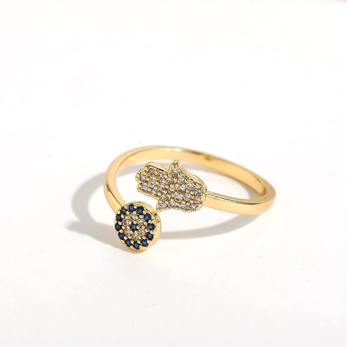 SLOONG Evil Eye Hamsa Hand Ring 14k Gold Plated Third Eye White Zircon Gemstone Blue Cz for Womens (Gold)