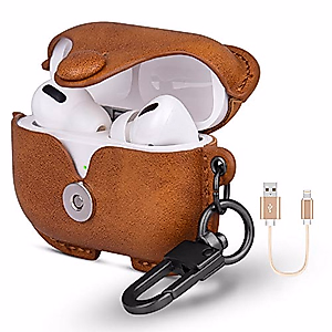 Genuine Leather Case AirPods Pro Case, for Apple AirPods Pro Wireless Charging Case Soft Leather Cover with Keychain Hook [Front LED Visible]