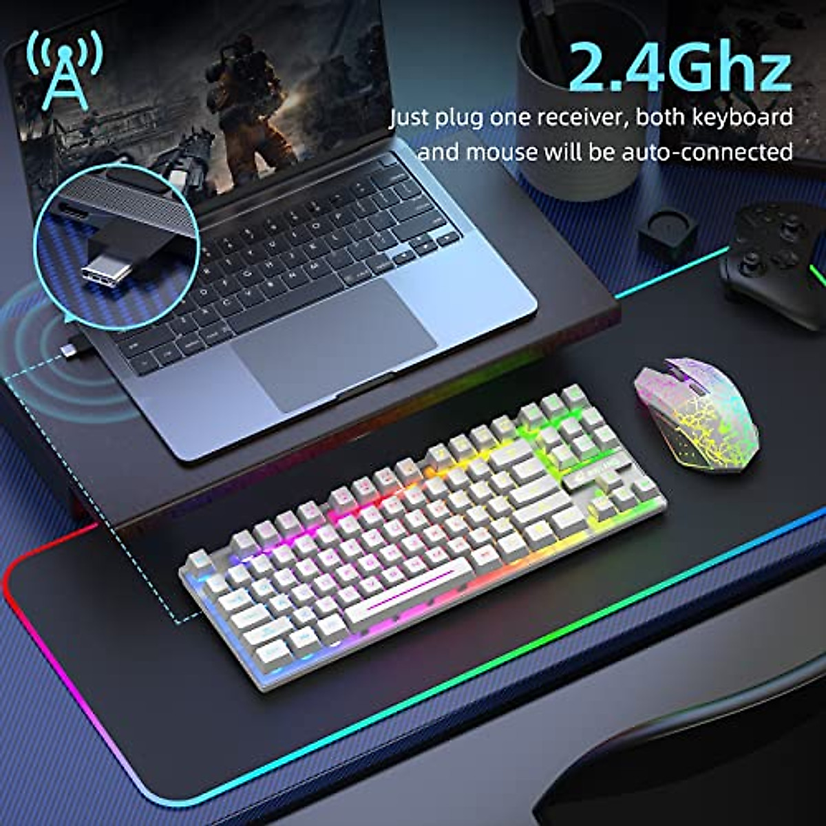 Wireless Gaming Keyboard and Mouse Combo,Rainbow Backlit 87 Keys Membrane Keyboard,2.4GHz Rechargeable 4000mAh Keyboard Mouse, Dual-Head USB&Type C Receiver for PC/Smart Phone/Laptop/Tablet/PS4(White)