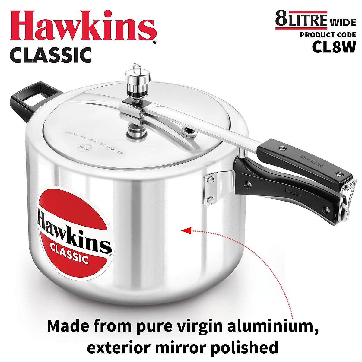 Hawkins Classic CL8W 8 L Aluminum Pressure Cooker, Medium, Silver, 8-Liter Wide Body