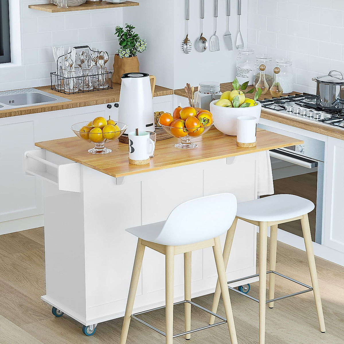 HOMCOM Mobile Kitchen Island Storage Trolley Cart on Wheels with Dropleaf Top, Towel/Spice Rack, 3 Drawers, 2-Door Cabinet, White