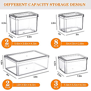 15 Pack Fridge Organizer, Stackable Refrigerator Organizer Bins with Lids PBA-Free, Clear Fridge Organizers and Storage for Kitchen, Countertops, Cabinets, Fridge, Drinks, Fruits, Vegetable, Cereals