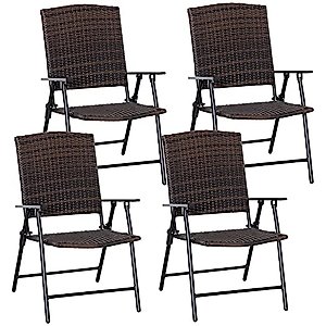 Outsunny PE Plastic Rattan Folding Chair Set, 4 Pack, Outdoor Wicker Seats w/Armrests, Steel Frame, Mixed Brown