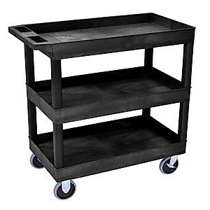 LUXOR EC111HD-B Utility Tub Cart, 32" x 18", Three Shelves with 125 lbs. Capacity Per Shelf, Ergonomic Push Handle, Black