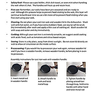 Kasian House Cast Iron Wok with Wooden Handle and Lid, Pre-Seasoned, 12" Diameter Chinese Wok with Flat Bottom, Heavy Duty Stir Fry Pan