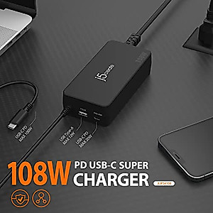 j5create 108W USB Type C PD Super Charger for MacBook Pro, Chromebook, Laptop, Notebook, Tablet, Android, iPhone, iPad Pro, Smart Phone (JUP34108)