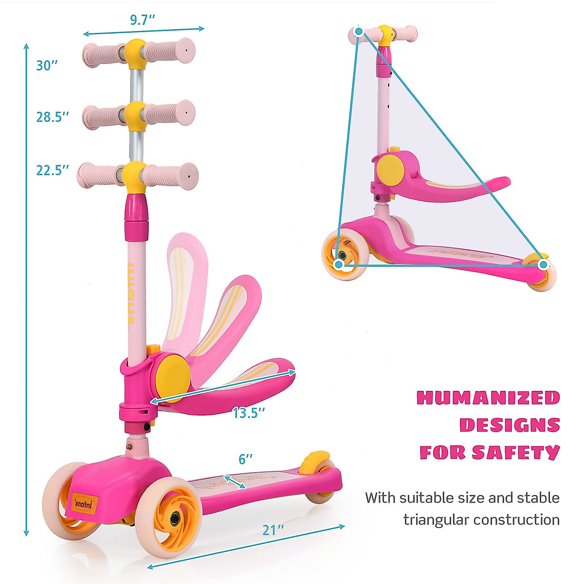INFANS 3 Wheel Scooter for Kids, 2 in 1 Learn to Steer Kick Scooters with Removable Seat, LED Flashing Wheels, Adjustable Height, Wide Deck, Outdoor Activities Toy Gift for Girls Boys Ages 3-8 (Pink)