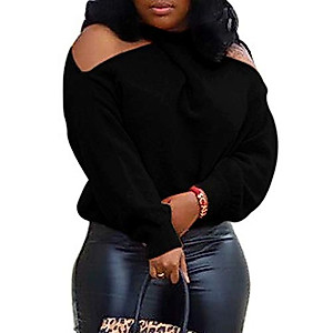 Women Sexy Cold Shoulder Long Sleeve Halter V Neck Loose Fit Knitted Sweater Pullover Tops L Black