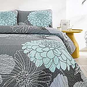 Green Floral Pattern Quilt Set California King Size - 3 Pieces Quilt Coverlet Elegant Bohemian Bedspread with 2 Pillowcases Soft Lightweight Microfiber Bedding Quilt Set for Adults (Green,106"x94")