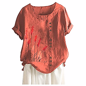 SMIDOW Boho Tops for Women Plus Size Summer 2023 Linen Shirts Short Sleeve Crewneck Printed t-Shirt Blouse Trendy Plus Size Womens Clothes Orange 3X