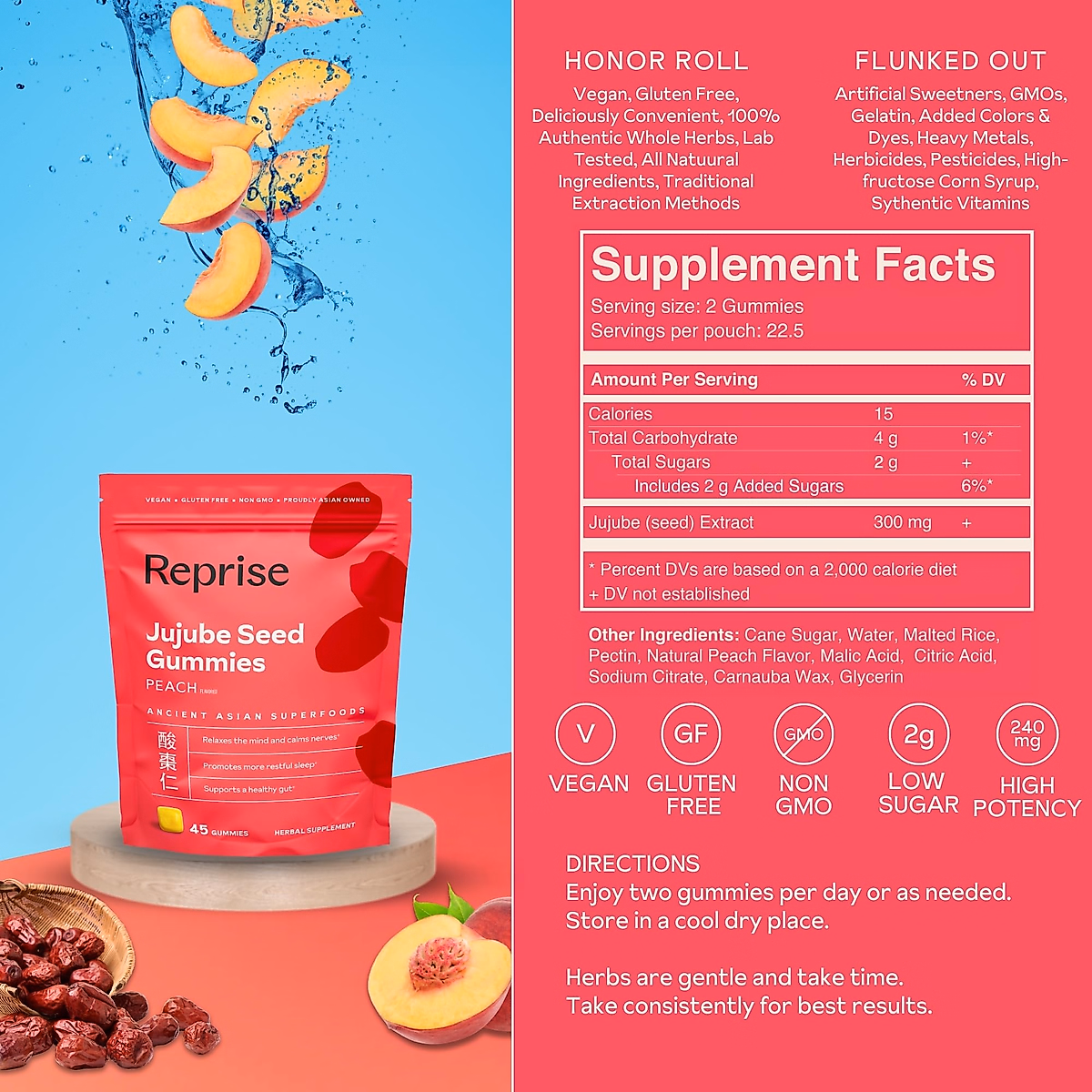 Jujube Seeds in Daily Gummies, 300 mg Full-Spectrum Jujube Seeds, Supports Relaxation & Restful Sleep, 100% Plant Based Vegan & Gelatin Free, Peach Flavored, 45 Gummies