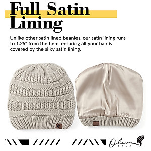 Olivia Sylx Chunky Satin Lined Beanie for Women - Winter Hat - Warm Slouchy Knit Beanie - Beige