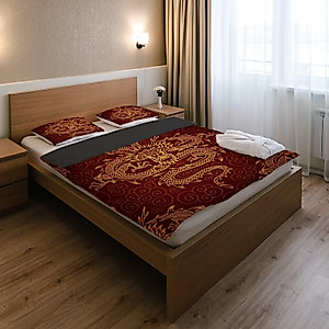 Gearider Dragon Bedding Chinese Style Duvet Cover Set Queen Size 3pc Luxury Bedding Soft Red Quilt Duvet Cover with Zipper Closure
