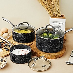HLFRG Saucepan Set with Lid, Nonstick 2Qt & 3Qt Sauce Pan Set with Lid, Small Pot with Lid, Natural Granite Nonstick Saucepan Set, Small Sauce Pots, Black Pot Set - 2Qt & 3Qt