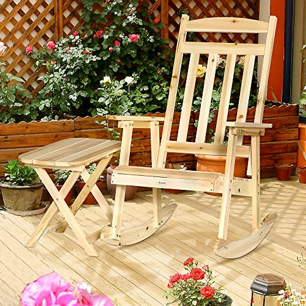 Outsunny 2 Piece Wooden Rocking Chair & Folding Outdoor Table Set, Front Porch Rocker with Armrests and High Back for Outside, Natural