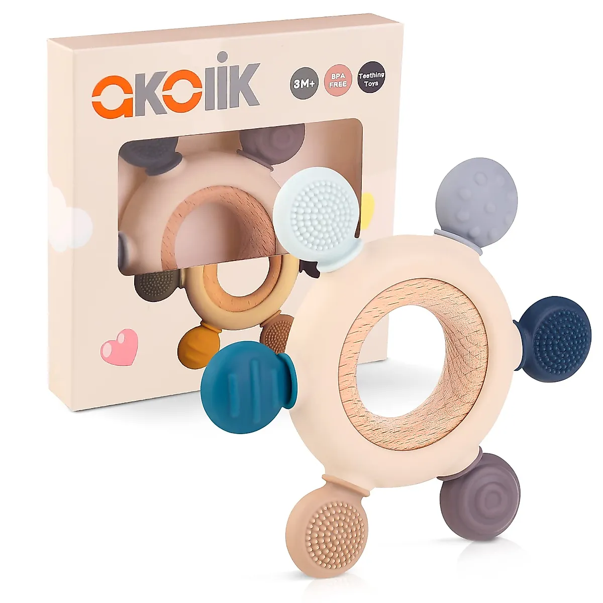 akolik Baby Teething Toys for Babies 0-6 6-12 Months Rudder Teether BPA Free with Wooden Ring Silicone Chewable Teether Help with Teething Pain Relief (Helm A)