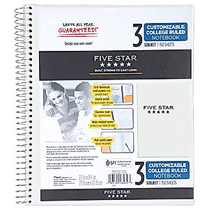 Five Star Spiral Notebook, 3 Subject, College Ruled Paper, 150 Sheets, 11" x 8-1/2, Customizable Cover, Color Selected For You, 1 Count (08232)