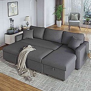 Cotoala Comfortable Upholstery Sleeper Grey Sectional Sofa with Storage Space, 2 Tossing Cushions and Pillows, Loveseat with Chaise Longue for Living Room, Home Furniture, Right Hand Facing, Gray