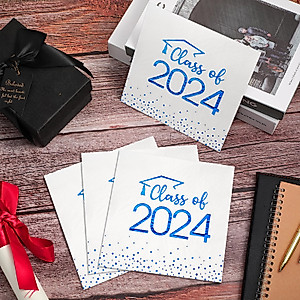 100Pcs Class of 2024 Graduation Napkins, Disposable Congrats Grad Paper Cocktail Napkins Square Foil Dot Hand Towels for 2024 School University College Graduation Party Decorations（Blue）