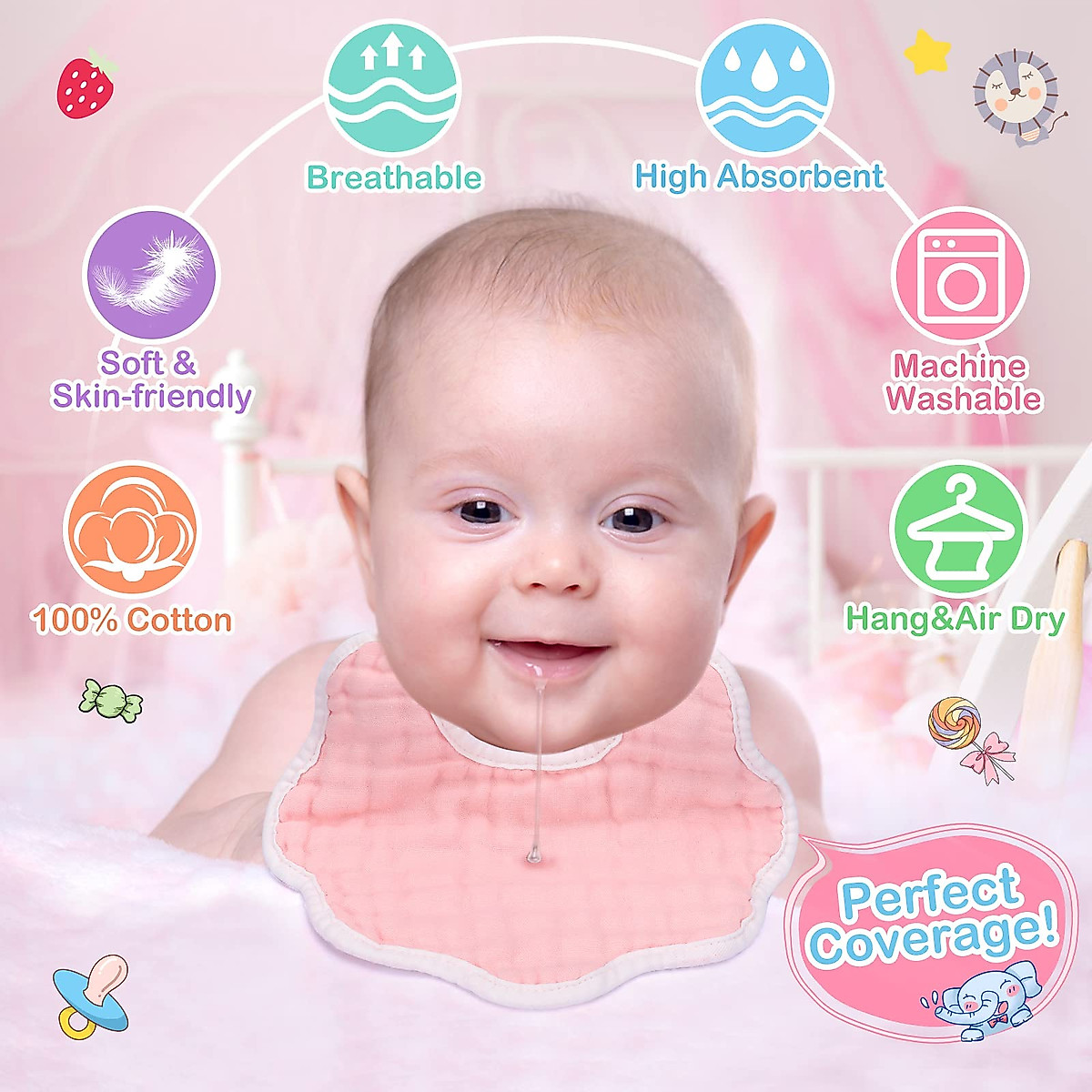 10PCS Muslin Baby Bibs for Girls Boys Unisex Adjustable Newborn Teething Drool Bibs for Baby Boy Girl Soft & Absorbent Infant Toddler Bibs 0-6 Months Baby Bandana Bibs for Boys Girls Baby Shower Gifts