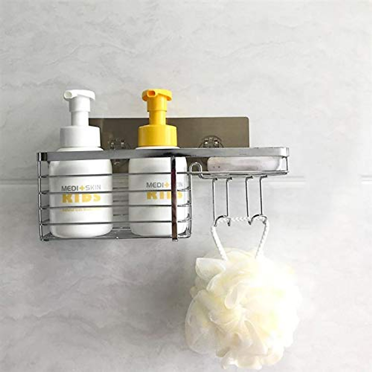 IRDFWH Adhesive Bathroom Shelf Organizer Shower Caddy Kitchen Storage Rack Wall Mounted No Drilling Stainless Steel Wire Basket Hook