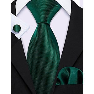 Barry.Wang Emerald Green Man Tie Set Solid Silk Necktie Cufflinks Handerchief Stain Formal St. Patrick's Day