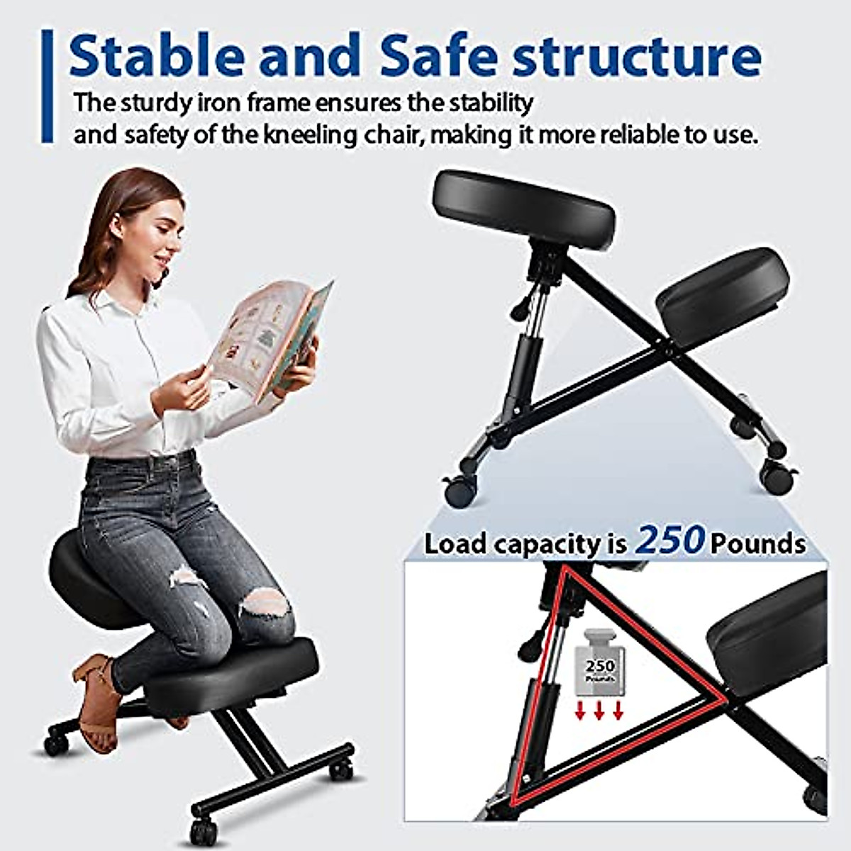 Ergonomic Kneeling Chair for Office, Height Adjustable Stool with Thick Foam Cushions for Home and Office, Angled Seat to Improve Posture - Relieve Neck & Back Pain, Upgraded Pneumatic Pump