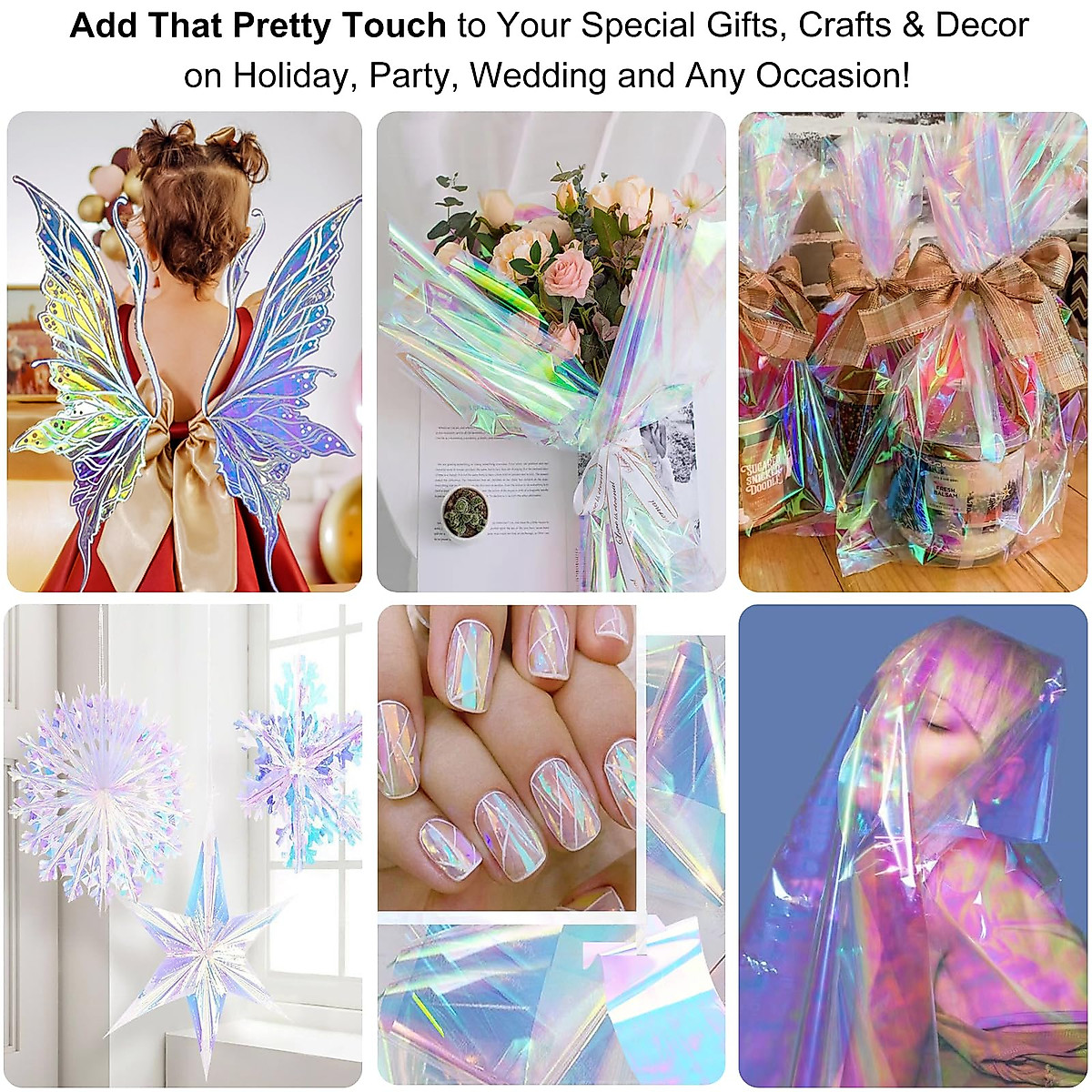 SYOGUA 66 ft Iridescent Cellophane Wrap Roll (17'' Wide x 66' Long) Transparent Iridescent Cellophane Roll, Rainbow Colored Gift Wrapping Plastic for Baskets, Treats, DIY Crafts, Christmas Gifts