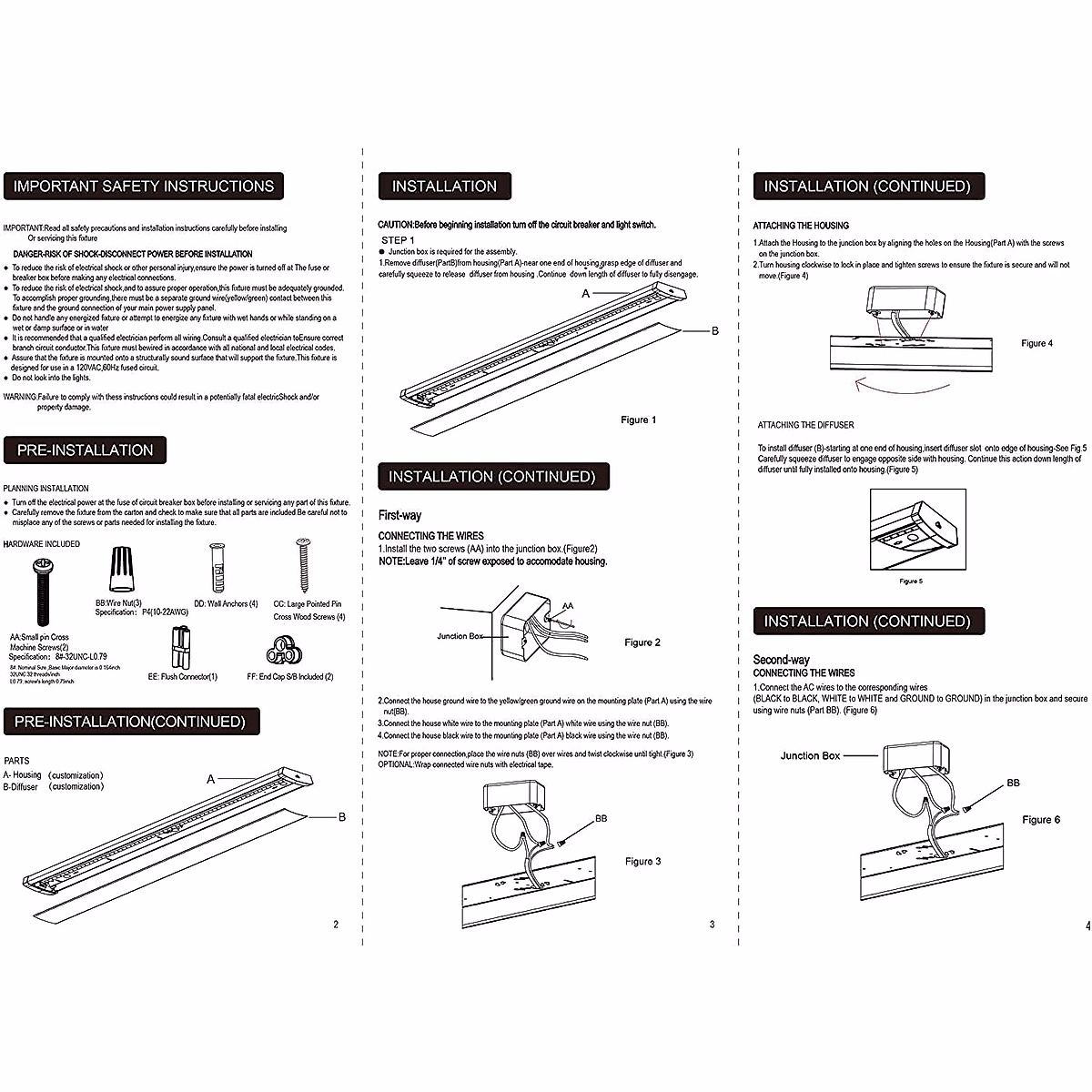 (Pack of 4) LED Shop Light 4FT, 40W 4800LM 6000K Super Bright White, Linkable LED Light Bar for Room, Garage, Corded Electric with Built-in ON/Off Switch, Frosted Cover