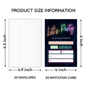 YUEXLL Neon Let's Party Birthday Party Invitations Cards with Envelopes, Neon Glow Party Invitations, Birthday Celebration Supplies, Double-sided Fill-in bday Invites for Boys Girls- A17